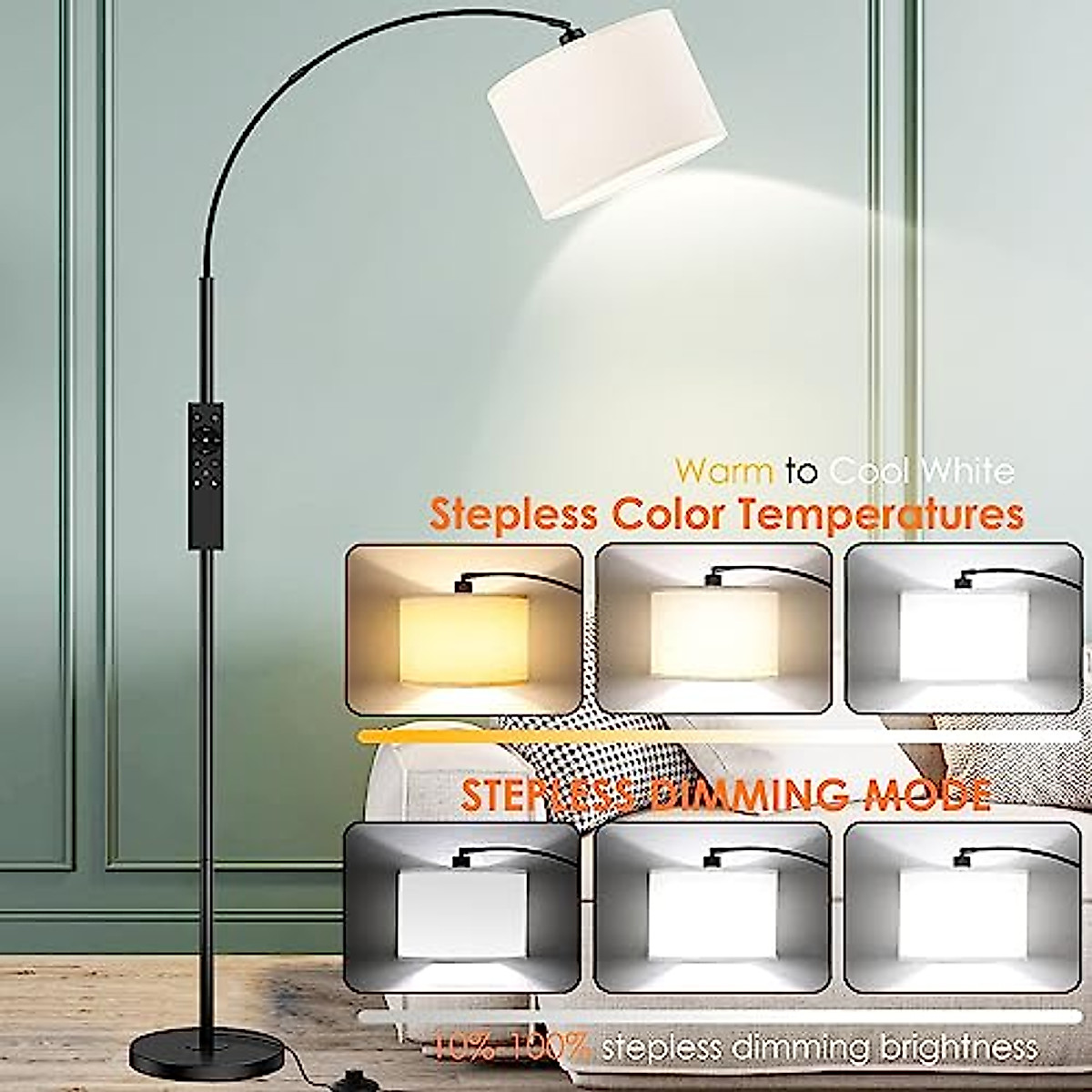 Arc Floor Lamps for Living Room,Modern Standing Lamp with Remote Control,Tall Lamp with Stepless Dimmable,5 Color temperatures,Over Couch Arched Reading Light for Bedroom,Office(Bulb Included)