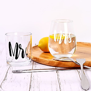 Futtumy Mr & Mrs Whiskey Glass and Stemless Wine Glass Gift Set, Valentine’s Day Gift for Mr Mrs Couple Husband Wife Bride Groom, Unique Glass Set Idea for Valentine’s Day Birthday Christmas Wedding
