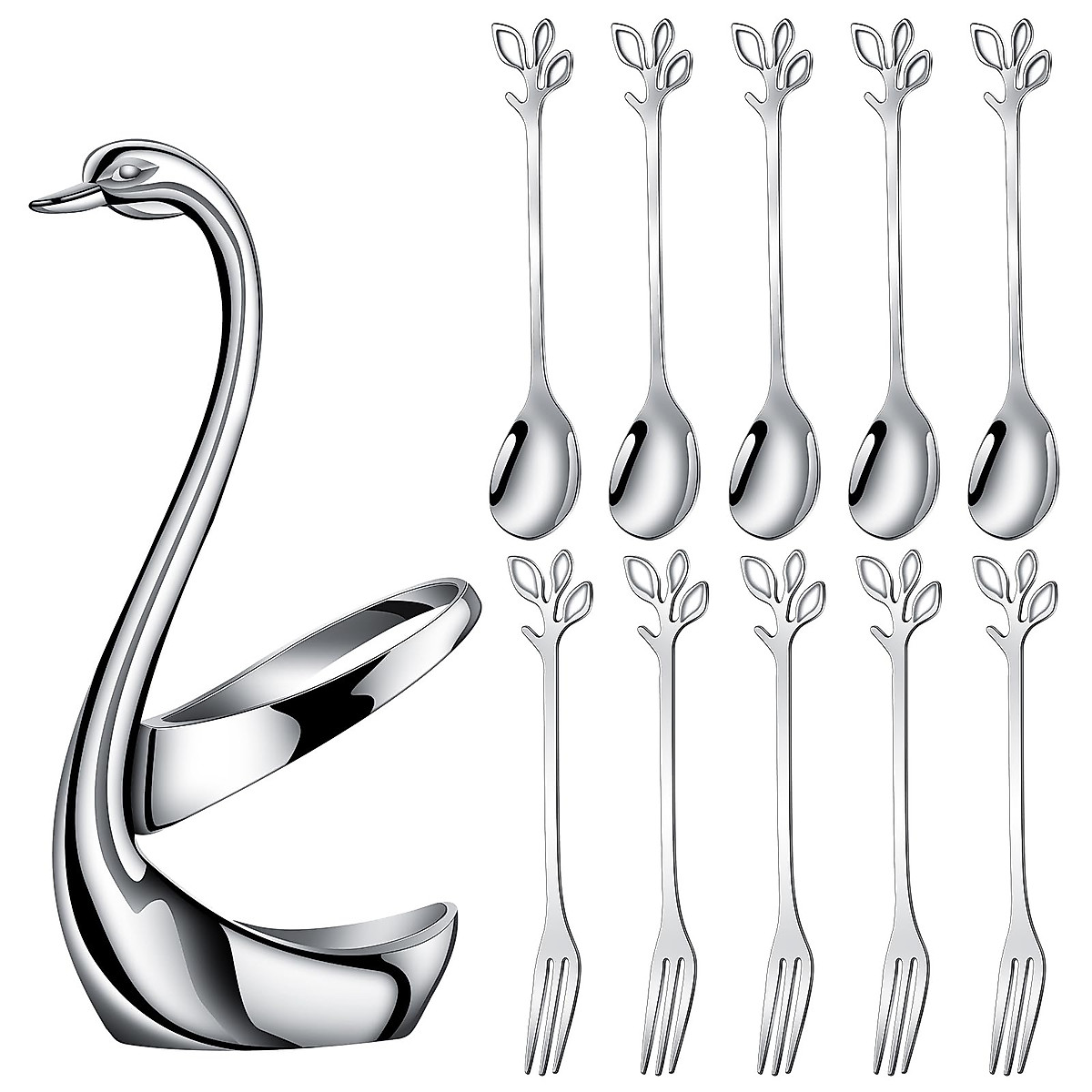 AnSaw Silver Swan Base Holder Set with 10 Pcs 4.7" Mini Leaf Teaspoons & Dessert Forks - Perfect for Appetizers,Salads,Cakes,Fruits,Cocktails,Tea,Espresso - Beautify Your Charcuterie Board Layout