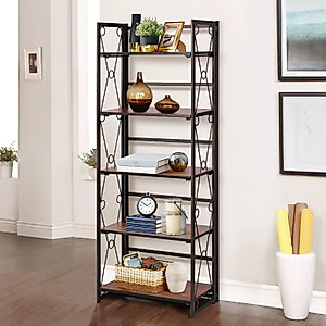 VECELO 5 Tier Folding Bookshelf, No Assembly Book Shelf Bookcase Set of 2, Industrial Metal Free-Standing Shelves Organizer Home Decor for Living Room, Bedroom, Study, Kitchen, Walnut