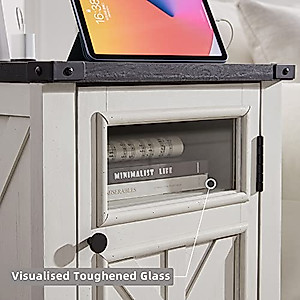 JXQTLINGMU Farmhouse End Table with Charging Station, 18'' Rustic Nightstand with Barn Door & Adjustable Shelf, Wooden Sofa Side Table with 3-Tier Storage for Living Room, Bedroom, White