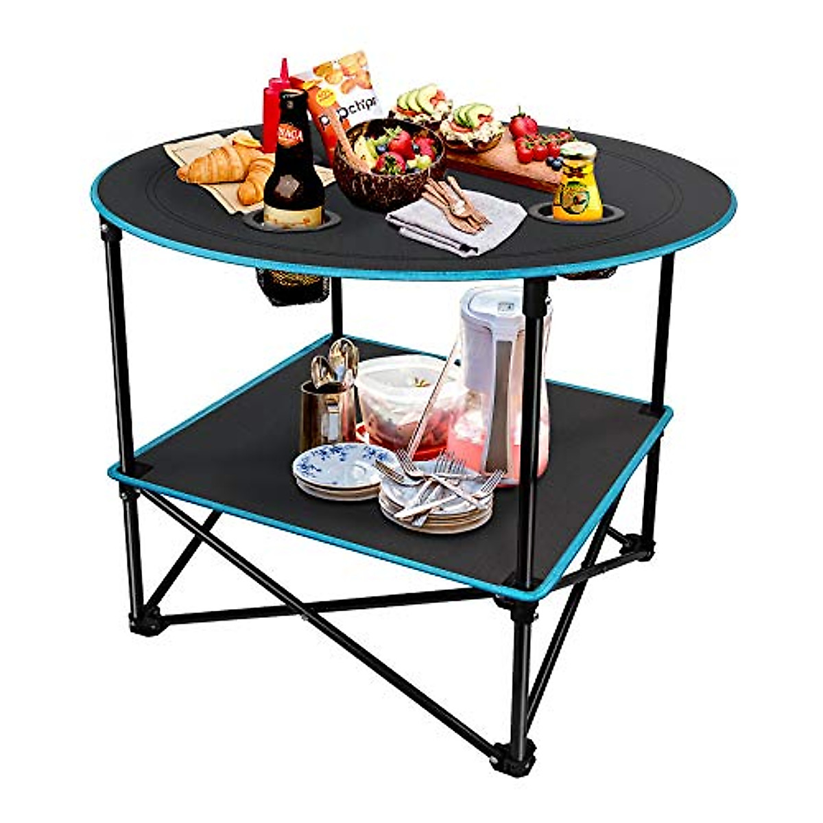 LESES Folding Camping Table Portable Picnic Table Tailgating Table with 4 Cup Holders and Storage Bag for Fishing，Beach，Outdoors，Picnic and Hiking (Black&Blue)