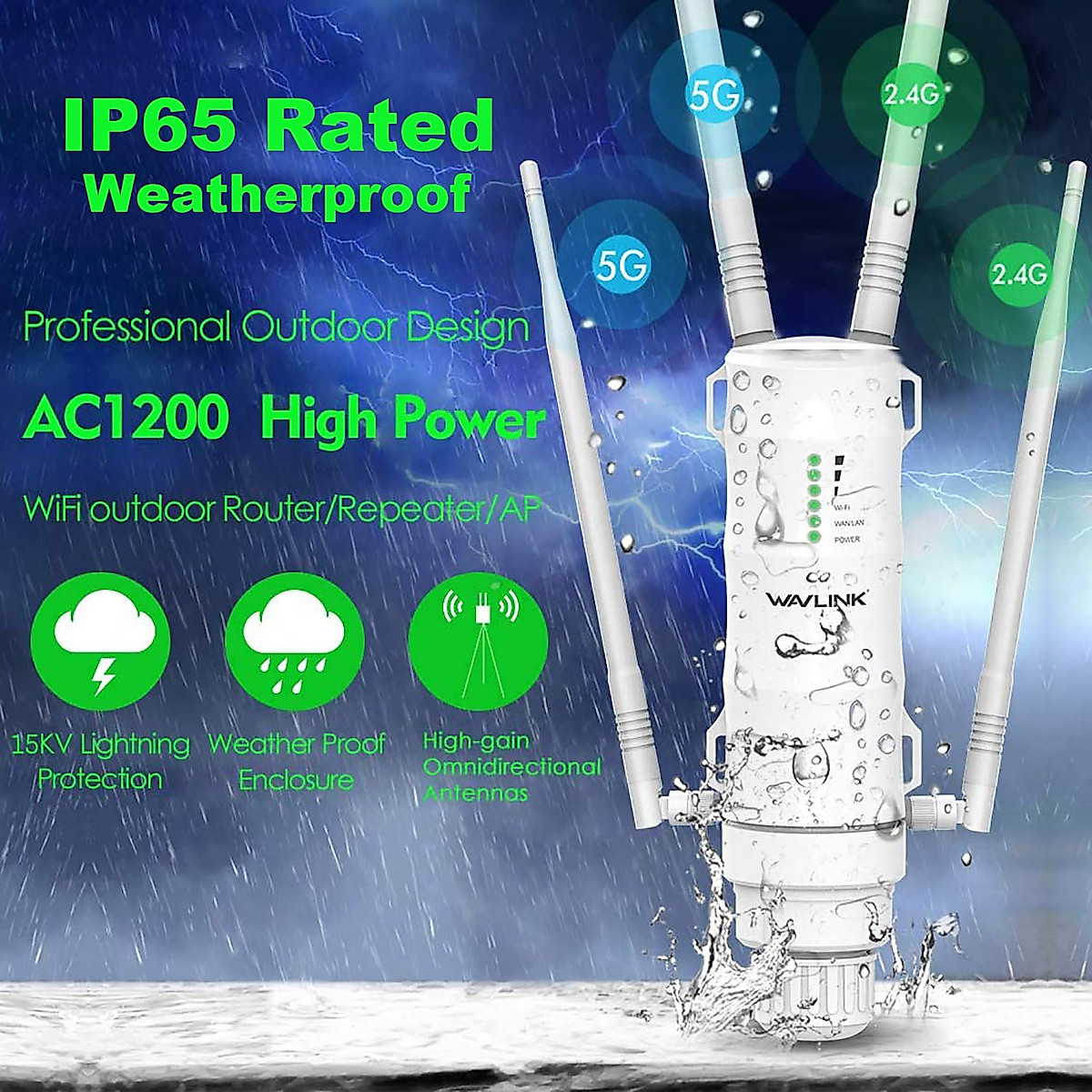 AC1200 Dual Band 2.4+5GHz 1200Mbps Long Range Outdoor WiFi Mesh Extender with Ethernet Port & 4 Antennas, Weatherproof Outside Access Point (AP)/Wireless Repeater/Signal Booster Amplifier (WN572HP3)