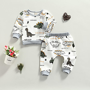 Newborn Infant Baby Boy Girls Clothes Printed Gender Neutral Long Sleeve Sweatshirts Fall Winter Pants Outfits Clothing (White, 0-3 Months)