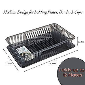 Kitchen Details Medium Dish Rack with Tray | Plastic | Dimensions: 17.6" x 10.75" x 3.75” | 12 Plate | Kitchen Accessories | Cutlery Basket | Grey | Sink Accessories