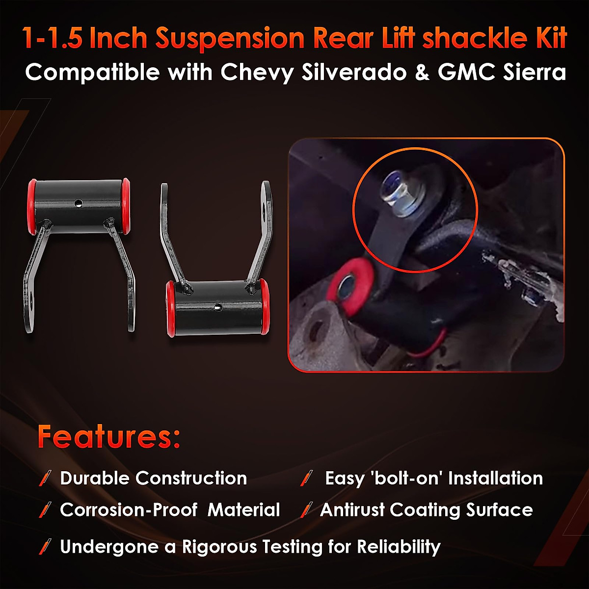 1-1.5 Inch Suspension Rear Lift Leaf Shackle Kit 2Pcs Compatible with 1988-2018 Chevy Silverado 1500 & GMC Sierra 1500 2wd 4wd Truck, Replaces# 710515