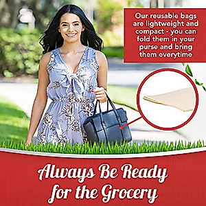 Simply Cool 50 Pack Reusable Eco-Friendly Grocery Shopping Bags 12.6"x6.3"x11.8" Durable, Recyclable,Washable, Foldable, Portable Tote Bags Bulk (50 Pack Reusable Bags, Cream)