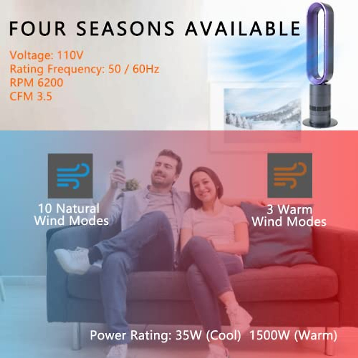 HealSmart 32-inch Space Heater Bladeless Tower Fan, Heater & Fan Combo, 9H Timer 10 Speeds with Remote Control, Air Circulator Fan for Home Air Conditioner, Purple