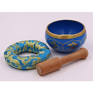 DharmaObjects ~ Tibetan OM Singing Bowl Set ~ With Mallet, Brocade Cushion & Carry Bag ~ For Meditation, Chakra Healing, Prayer, Yoga (OM, Turquoise)