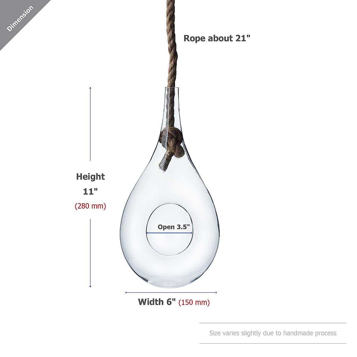 WGV Hanging Planter Terrarium, Width 6", Height 11", DIY Clear Glass Succulents Air Teardrop Floral Container (Including Rope), Candle Holder Vase for Outdoor Indoor Decor, 1 Piece