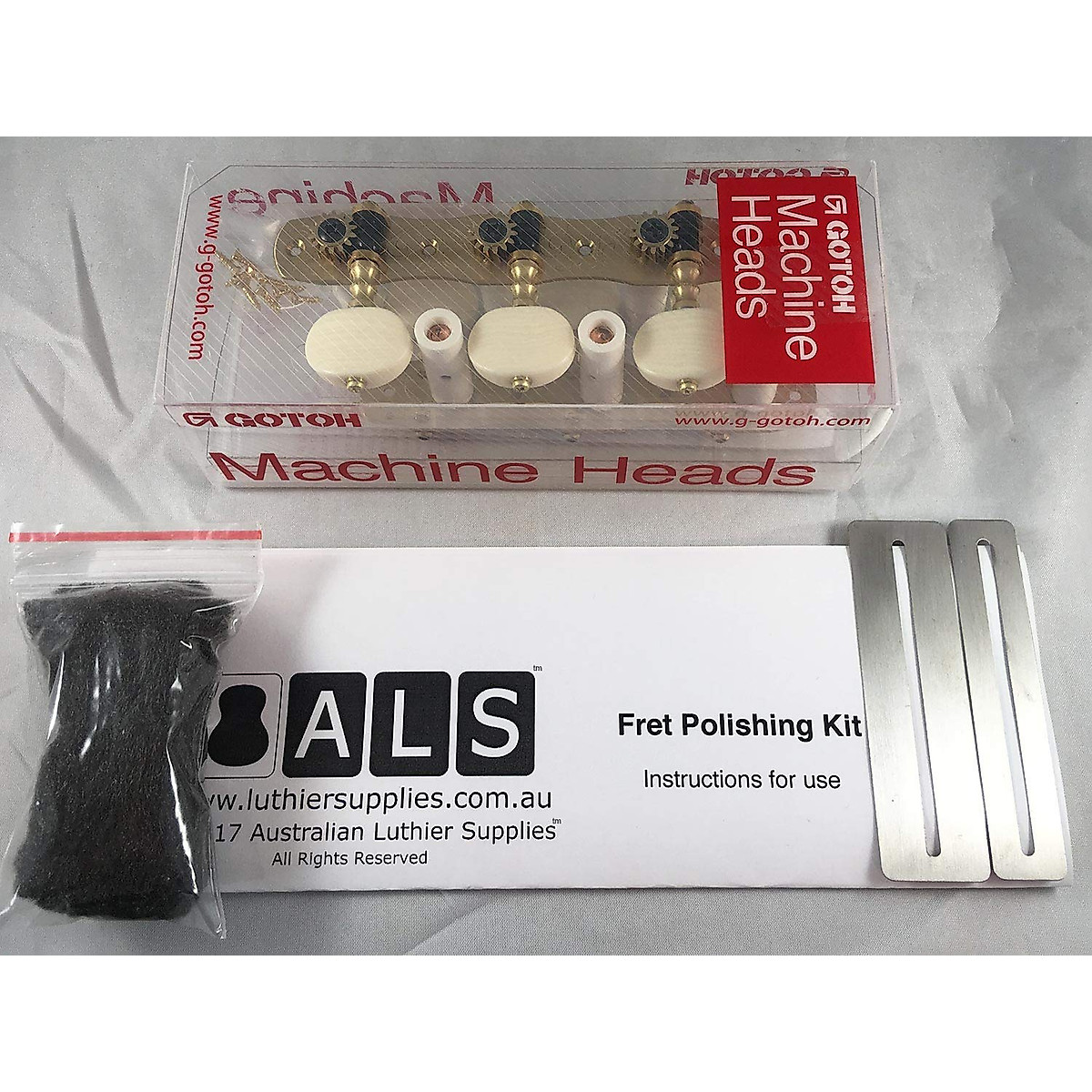 Gotoh Classical Guitar Machine Heads (Bonus ALS Fret Polishing Kit) 35G1800-2M Model Tuners by Gotoh Japan Solid Brass with Ivoroid Buttons - Fret Polishing Kit by Australian Luthier Supplies