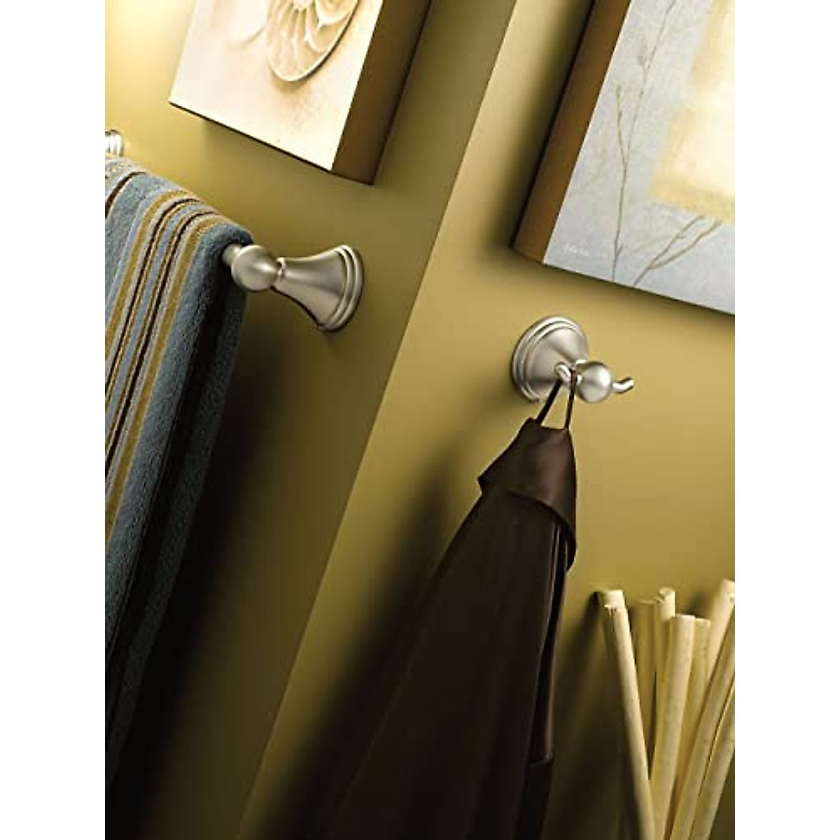 Moen Preston Collection Brushed Nickel 24-Inch Bathroom Single Towel Bar, Wall Mounted Hand or Body Towel Rack, DN8424BN & YB2303BN Glyde Robe Hook, Brushed Nickel