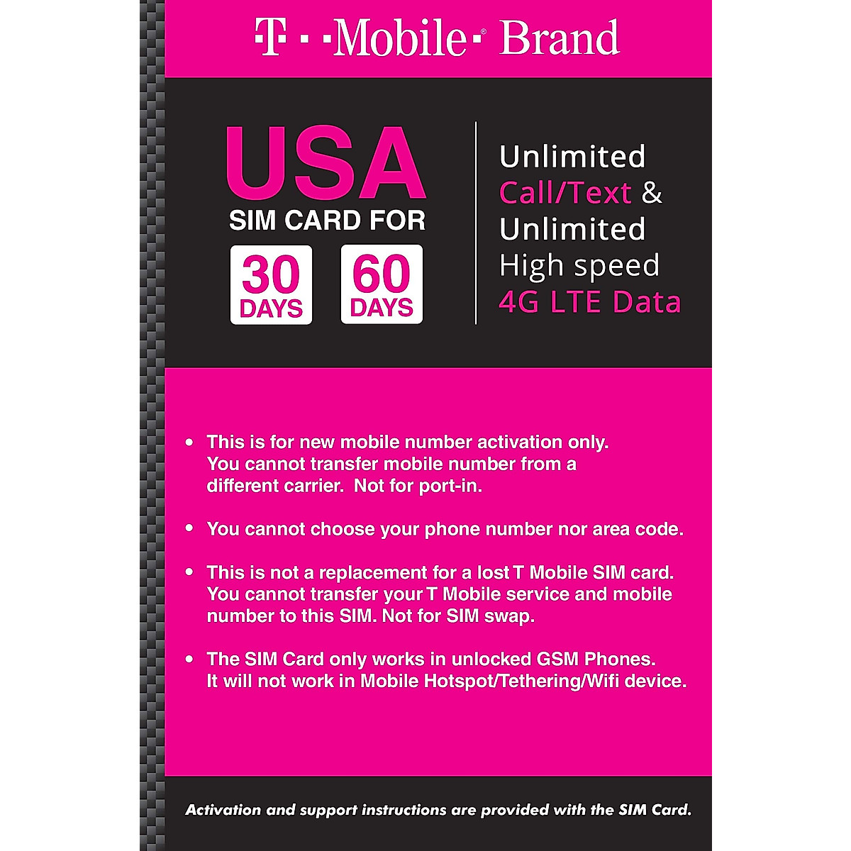 T-mobile Brand USA Prepaid Travel SIM Card Unlimited Call, Text and 4G LTE Data (for use in USA only) (for Phone use only. NOT for Modem/WiFi Devices) (30 Days)