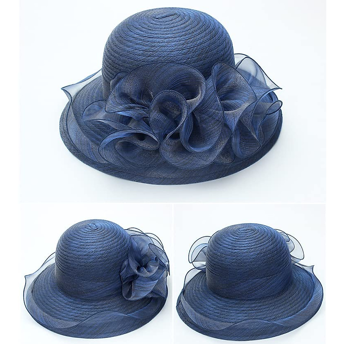 Organza Kentucky Fascinator Hat for Women - Derby Cocktail Tea Party Sun Hat Wedding Bridal Flower Church Hat Packable Dark Navy