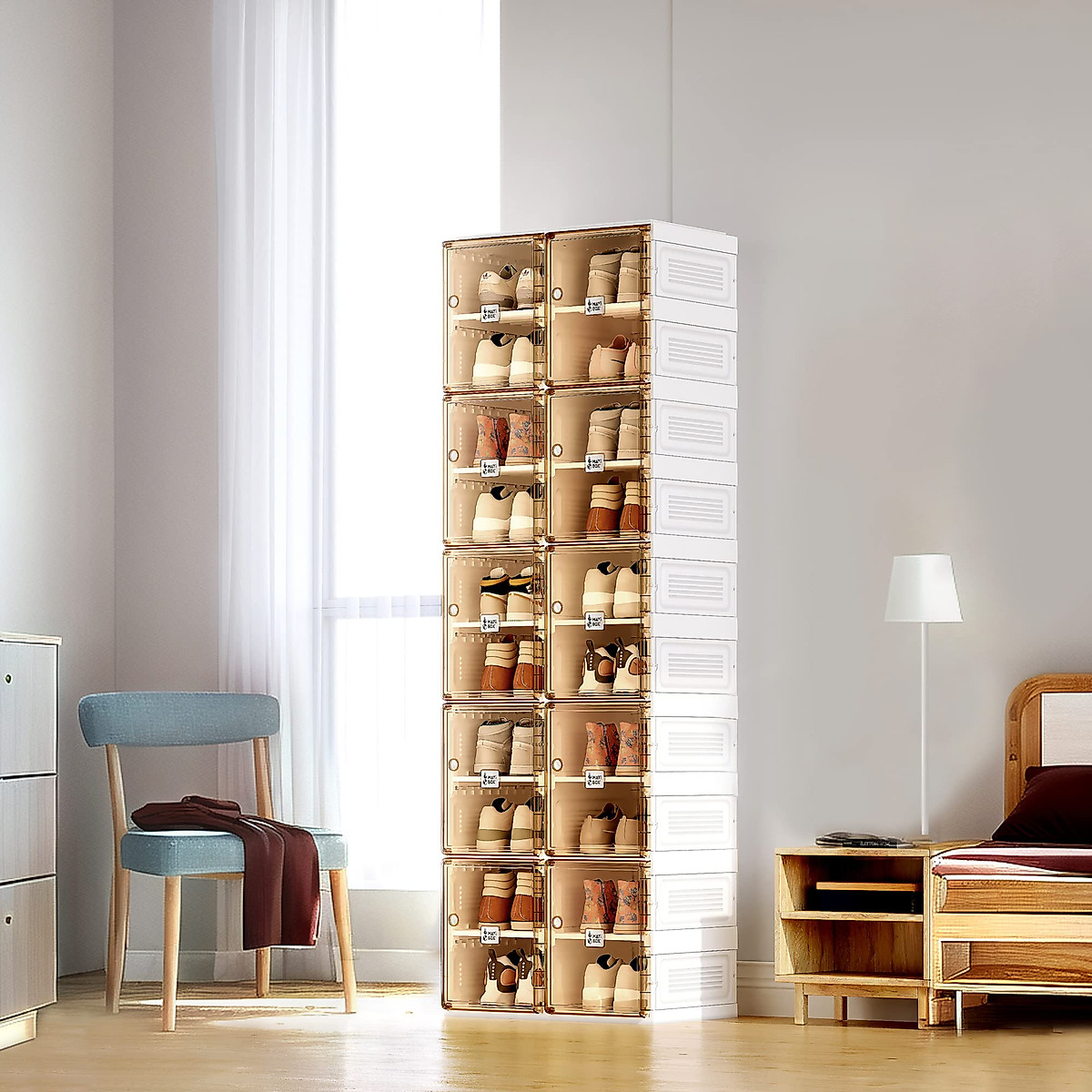 ANTBOX Shoe Organizer Storage Box, Portable Folding Shoe Rack for Closet with Magnetic Clear Door,Large Sneaker Cabinet Bins Sturdy Easy Assembly 10 Layers-10 Grids