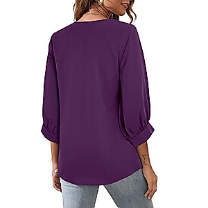 Unixseque 2022 Women's Chiffon Tunic Tops, 3/4 Sleeve V Neck Blouse for Office Work - Violet M