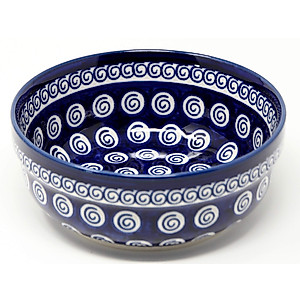 Polish Pottery Bowl 6 Inch From Zaklady Ceramiczne Boleslawiec Cobalt Swirl Pattern, Height: 2.5" Diameter: 6" Capacity: 24 Oz.