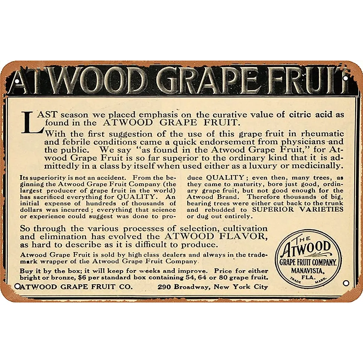 1910 Ad Atwood Grape Fruit Co. Box Manavista Florida - ORIGINAL ADVERTISING TOM1 Retro Style Metal Tin Sign Home Cafe Bar Pub Wall Decor Metal Poster 8x12 Inch