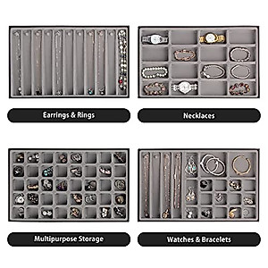JACKCUBE DESIGN Stackable Synthetic Leather Jewelry Trays Organizer Jewelry Storage Display Earring Necklace Bracelet Ring Organizer for Drawer (Set of 4, Black)- MK212-1ABCD