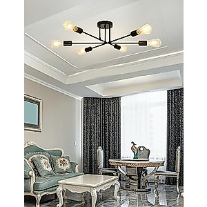 FLAMWILD Ceiling Light Fixture, Modern Sputnik Chandelier, Mid Century Industrial Lighting for Bedroom Kitchen Dining Living Room (Black)