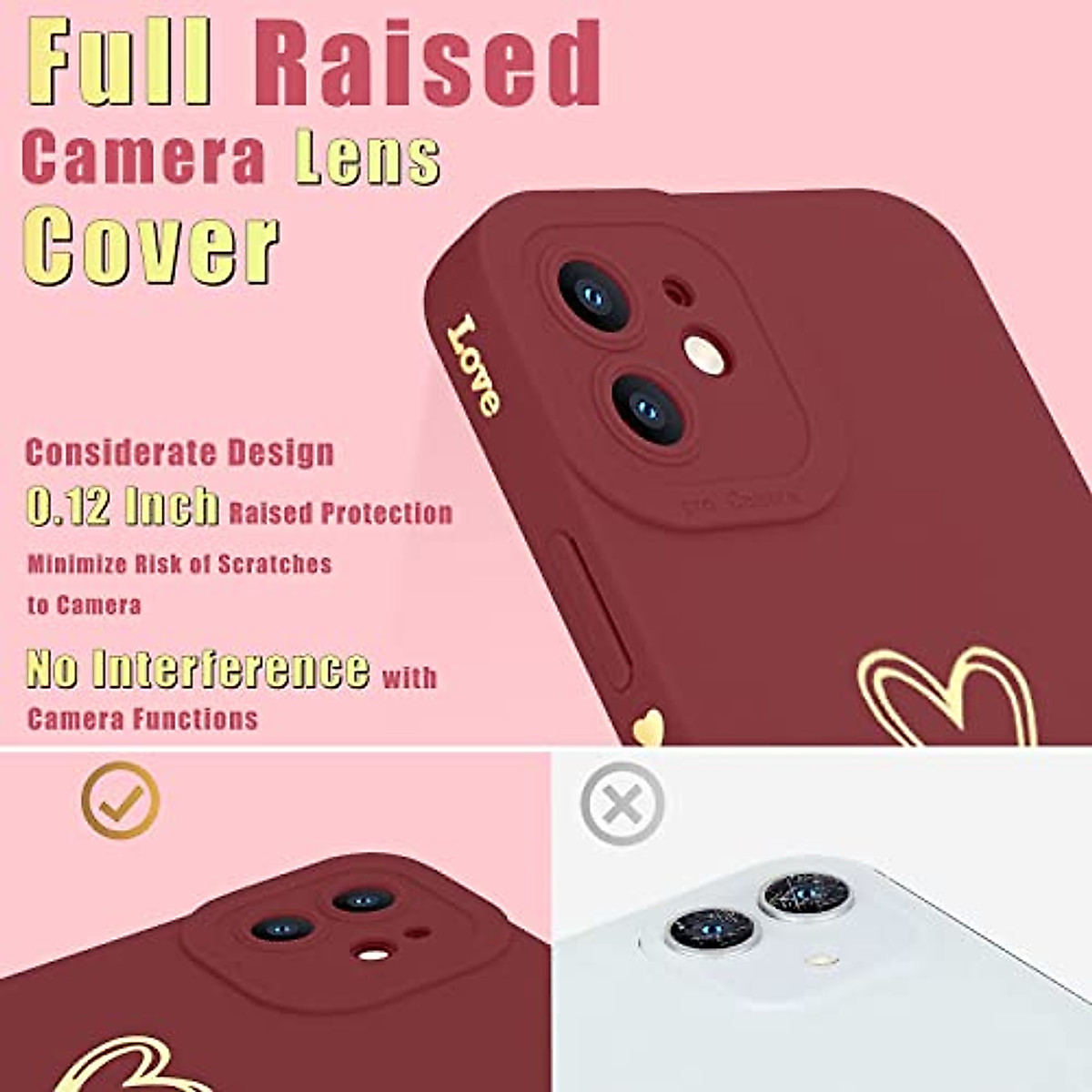 Teageo Compatible with iPhone 12 Case 6.1 inch for Women Girls, Cute Luxury Love Heart [Soft Anti-Scratch Full Camera Lens Protection] Silicone Girly Shockproof Phone Case for iPhone 12-Burgundy