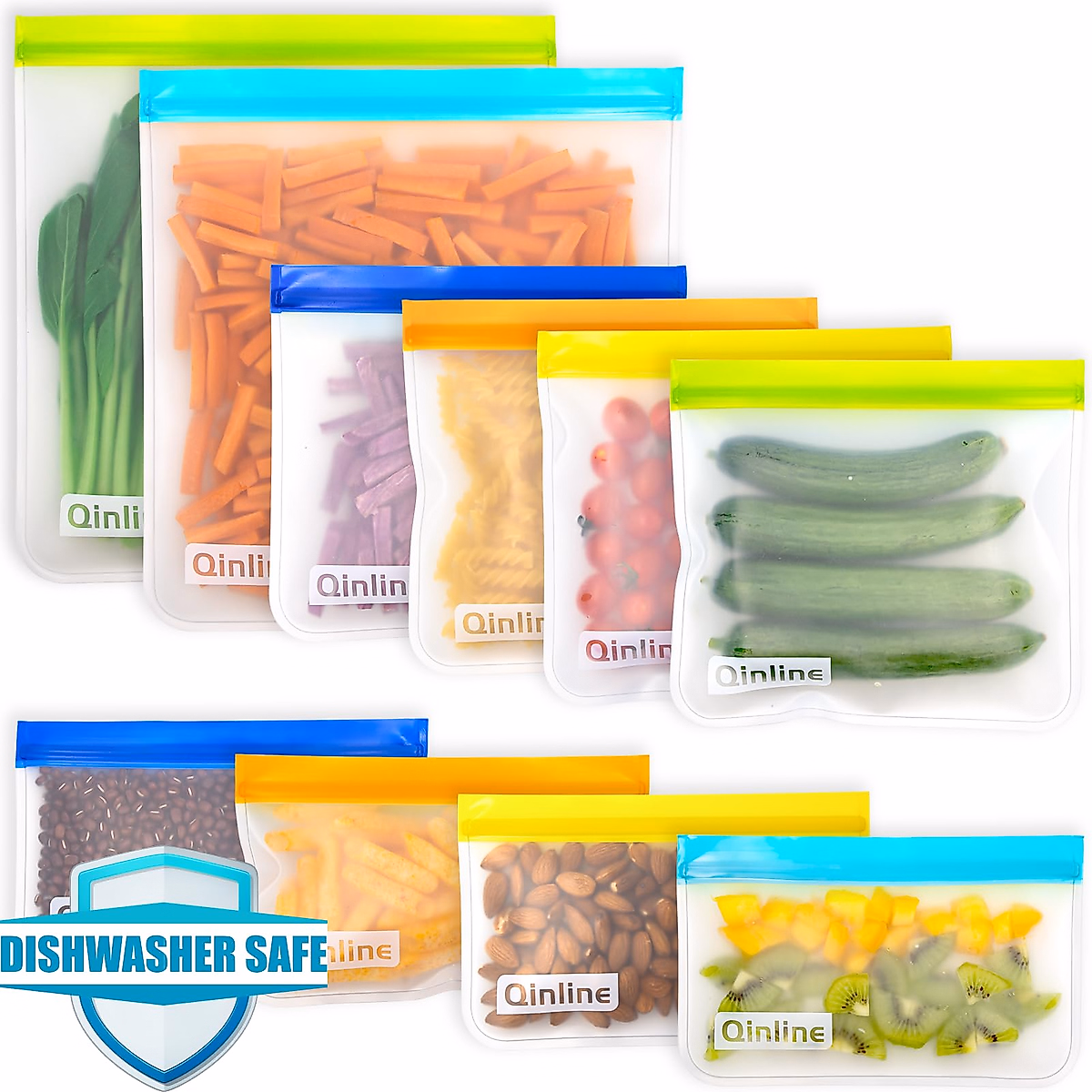 Qinline Reusable Food Storage Bags - 10 Pack Freezer Bags, BPA Free Reusable Bags Silicone, Extra Thick Leakproof Reusable Lunch Bag for Salad Fruit Snack Travel - 2 Gallon 4 Sandwich 4 Snack Bags