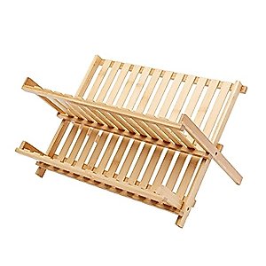 Amazon Basics Folding 2-Tier Wide-Slat Bamboo Dish Drying Rack - Collapsible, Natural