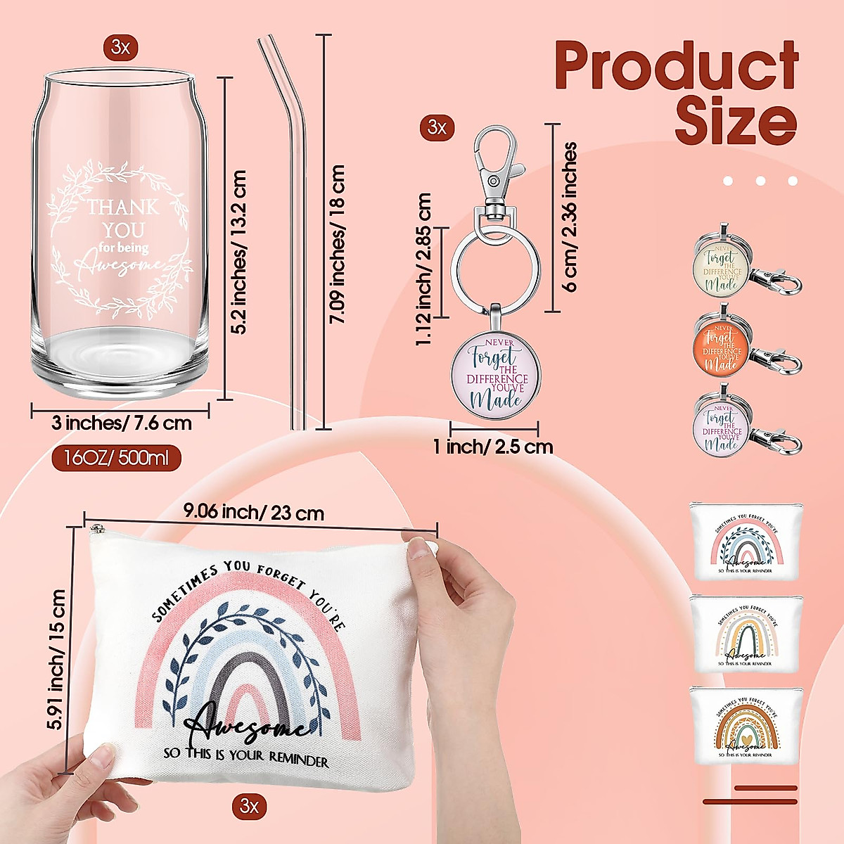 Hoolerry 9 Pcs Thank You Gifts for Women 16oz Glass Cup Motivational Pouch Employee Appreciation Keychain for Coworkers(Rainbow)