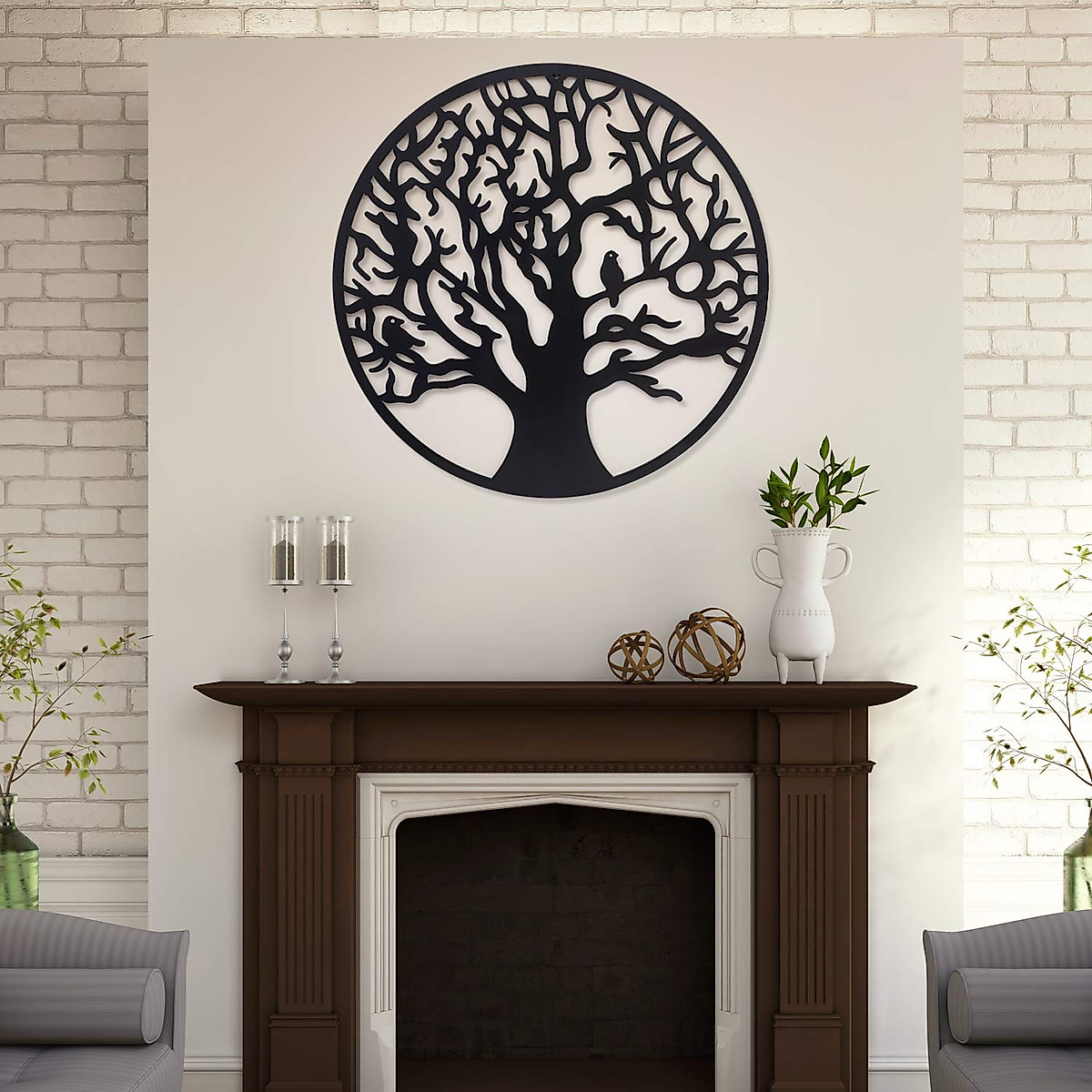 Asense 24 Inch Metal Tree Leaf Wall Art Sculptures Home Decor Hanging Round Tree of Life Home Garden Bedroom Living Room Indoor Outdoor Decoration (Tree-Round-Black)