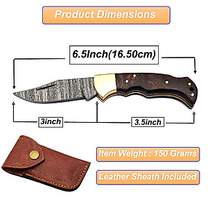 Sky Knives 6.5" Handmade Damascus Steel Folding Hunting Knives For Men, Pocket Knife For Camping, Survival, Skinning And Outdoor Activities With Leather Sheath. (Rosewood)