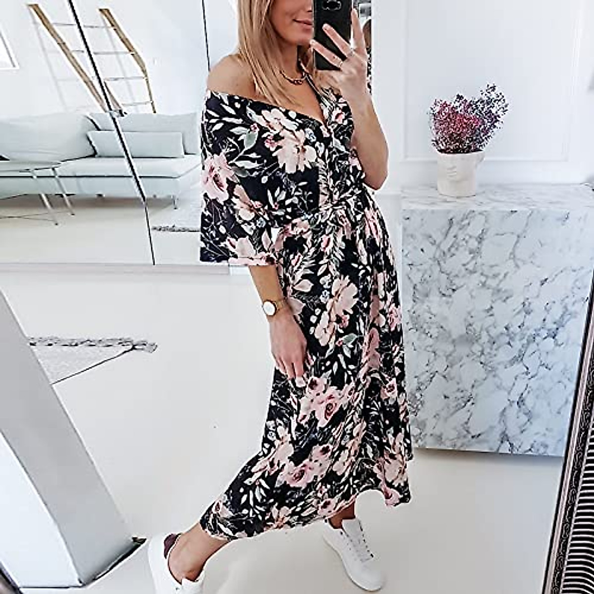 WYTong Women Boho Dresses Short Sleeve Deep V-Neck Casual Dress Pleated Waist Maxi Dress With Belt(Navy,Small)