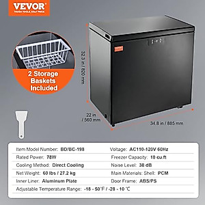 VEVOR Chest Freezer, 10 Cu.ft Compact Deep Freezer, Free Standing Top Open Door Compact Freezers with 2 Removable Baskets & Adjustable Thermostat, Energy Saving & Low Noise, Black