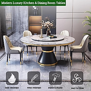 Topjia Round Marble Dining Table with Lazy Susan,Luxury Style Kitchen & Dining Room Tables with Metal Base,Modern Circular Pedestal Dining Table - Table Only(59" L x 59" W x 29.5" H, Black)