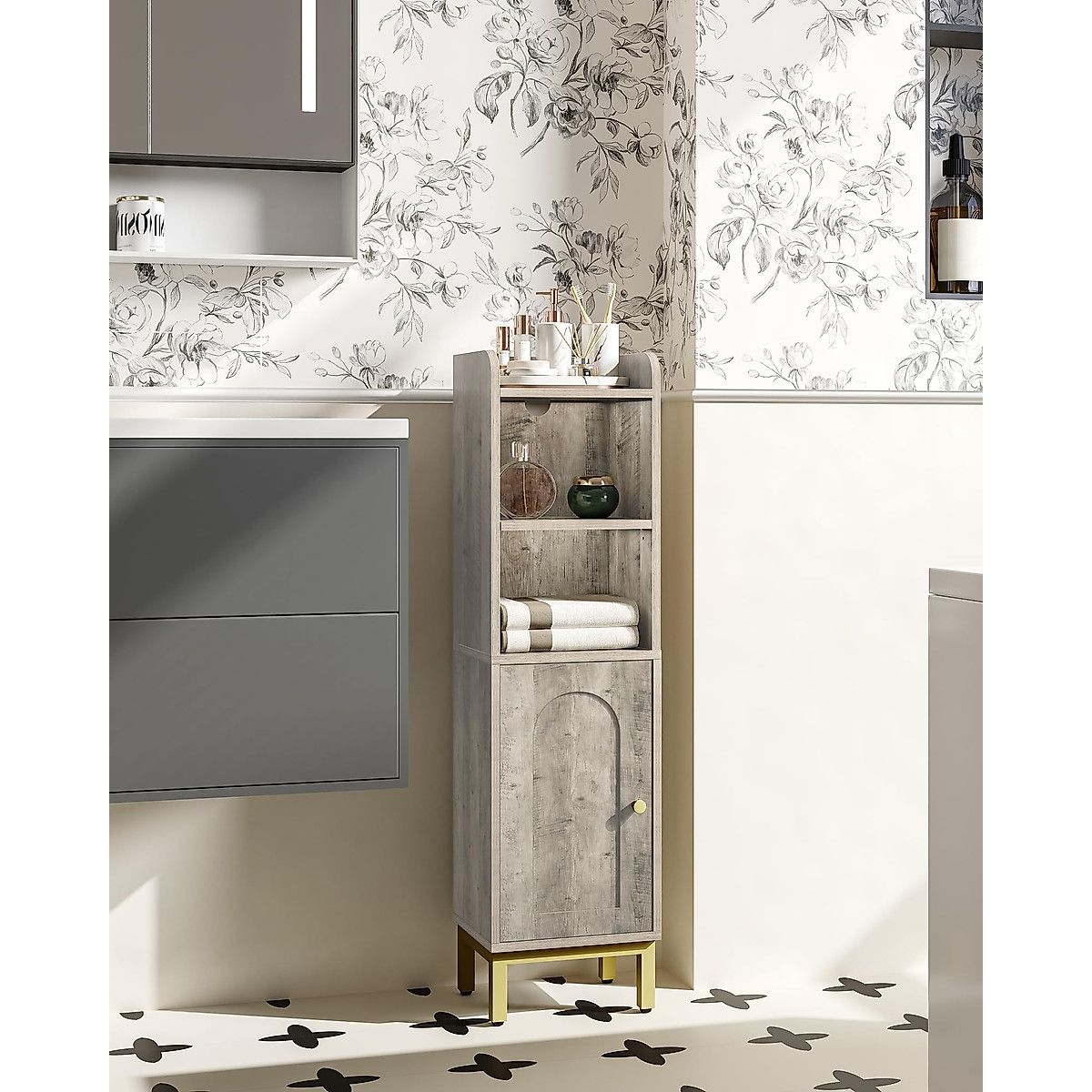 Hzuaneri Bathroom Storage Cabinet, Small Corner Floor Cabinet with Door and Shelves, Narrow Toilet Paper Cabinet, Bathroom Organizer with Adjustable Shelf, for Small Spaces, Greige BC38205G