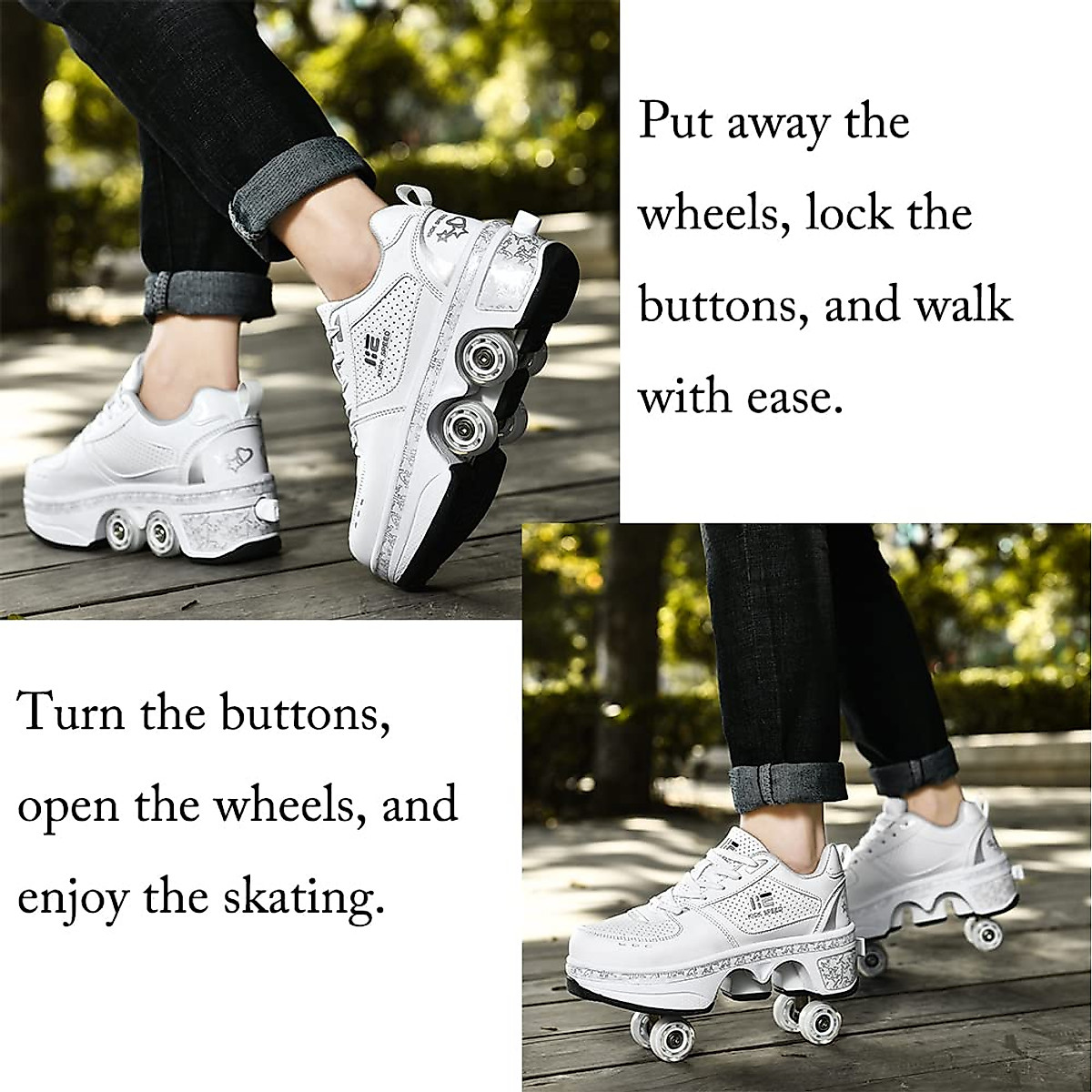 KOFUBOKE 2-in-1 Roller Skates & Sneakers Unisex Retractable Wheels Outdoor Fun & Fitness Kick Roller Shoes (White without Light, 6.5)