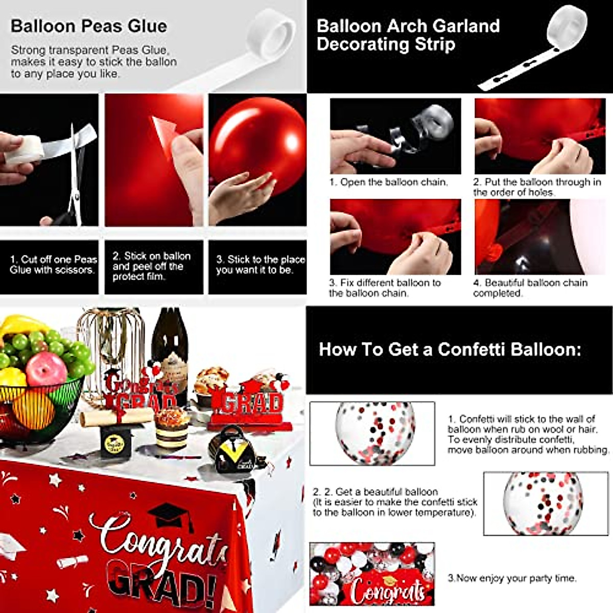 53 Pcs Graduation Decorations 2023 Congrats Grad Backdrop Banner Graduation Tablecloth Congrats Latex Balloons with Ribbons for University High School Graduation Party Supplies (Red and Black)