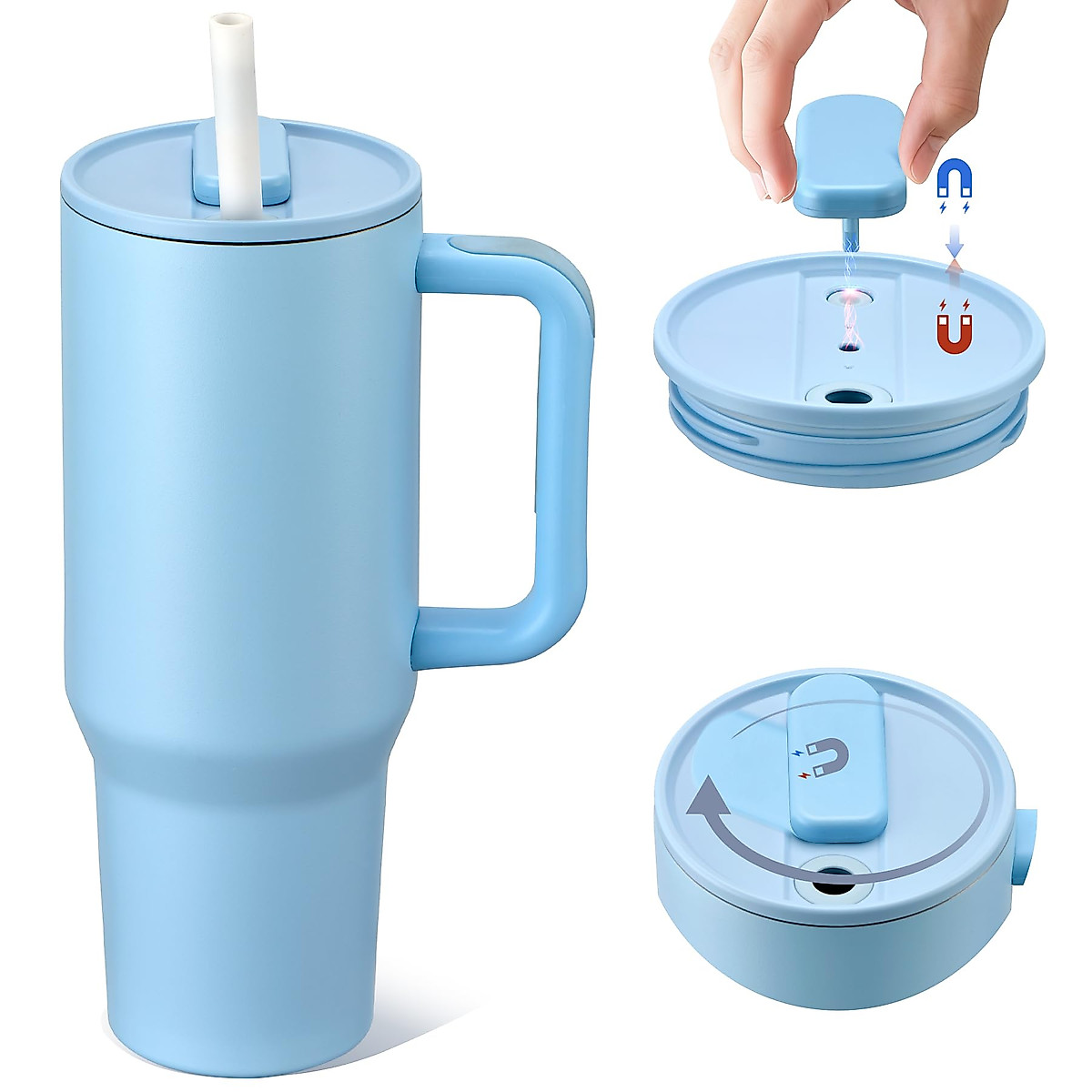 Pawtong 40oz Magnetic Lid Insulated Tumbler with Handle, 360° Rotating & Removable Cover, Leak-Proof Travel Mug with Soft Silicone Straw for Drivers, Commuters, Road Trips, Dishwasher Safe (Blue)