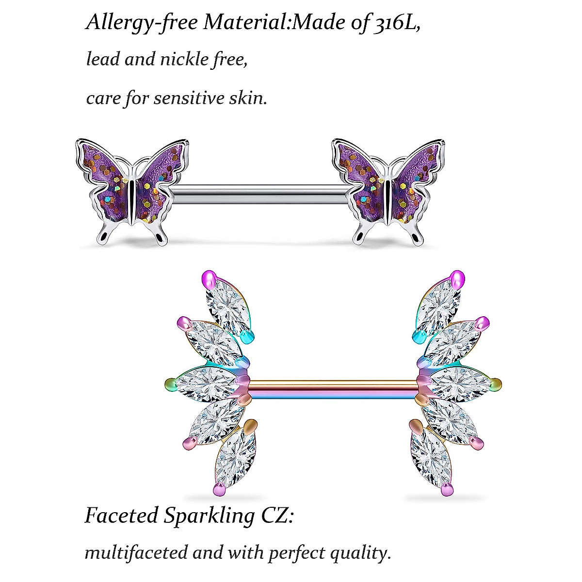 Vsnnsns 14G Nipple Rings for Women Stainless Steel Butterfly Nipple Rings Flower Nipple Piercing Jewelry CZ Nipple Rings Surgical Steel Nipple Jewelry Barbell Body Piercing Jewelry Rainbow