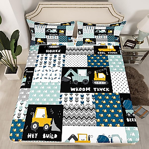 Cartoon Car Sheets with Deep Pocket Fitted Sheet Full Size for Boys Girls, Construction Car Bed Sheets Set Geometric Buffalo Construction Vehicles Sheet Set Excavator Construction Bedding Set