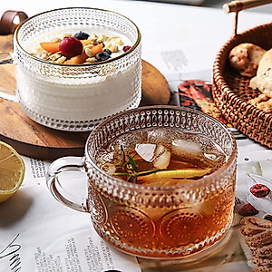 Vintage Glass Coffee Mugs with Spoons Set of 4, 14 Oz Overnight Oats Containers, Clear Coffee Cups with Handle, Embossed Breakfast Cups for Cappuccino, Latte, Cereal, Yogurt, Dessert, Beverage