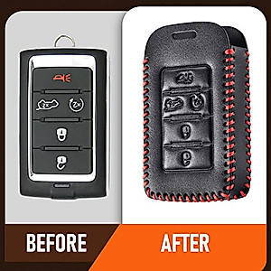 Slohif for Jeep Leather Key Fob Cover Accessories for Grand Cherokee Wagoneer 2022 5 Buttons, Leather Case+D-Ring+Hook(Black)