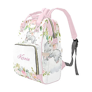SunFancy Personalized Pink Elephant Flower Diaper Backpack with Name Text Large Capacity Custom Multi-Function Bag Unisex Travel for Mom Dad Boy Girl, 10.83 inch L * 6.69 inch W * 15 inch H