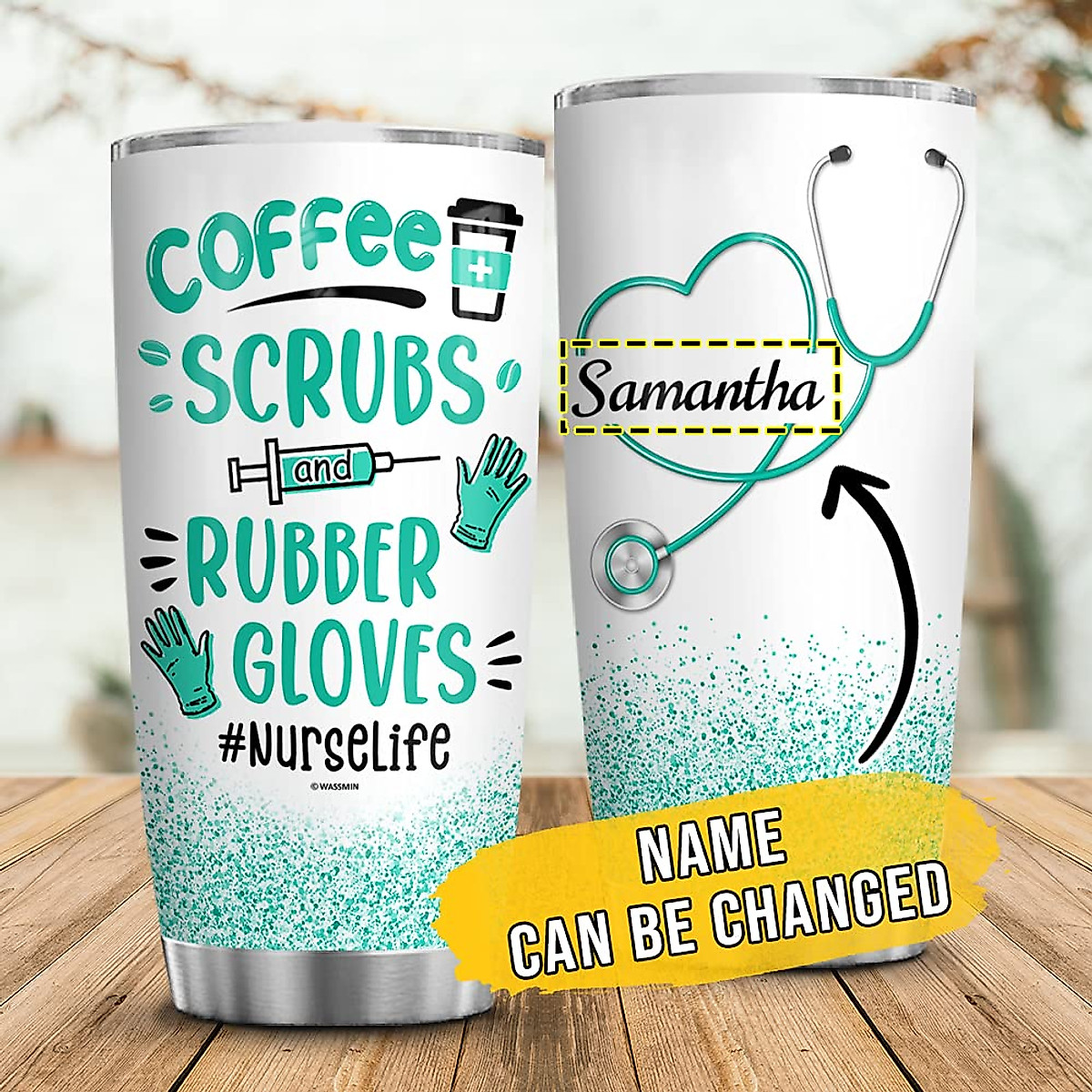 Wassmin Personalized Coffee Scrubs Rubber Gloves Nurse Life Stethoscope Tumbler Cup With Lid Vacuum Insulated Travel Mug 20oz 30oz Birthday Christmas Week Appreciation Gift Nurses Nursing (Green 2)
