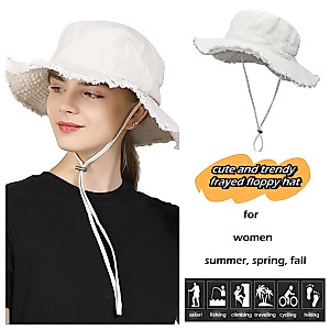 LLmoway Women’s Sun Hats Wide Brim Summer Cotton Washed Fringe Bucket Hat with String Packable Ladies Floppy Hat White