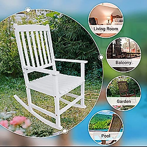 BTEXPERT Indoor Outdoor Slatted Wooden Front Rocking Chair Garden Deck Porch Rocker, Furniture, White, Set of 2