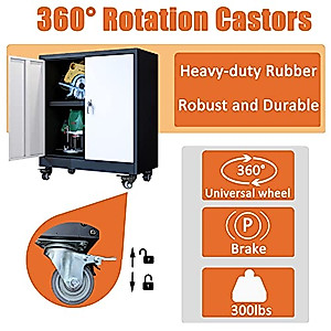 Metal Garage Storage Cabinet with Wheels,Adjustable Shelves with Doors and Lock,Sturdy and Durable Heavy Duty Utility Storage Cabinet for Office/Garage/Kitchen/Pantry Organizer Storage Cabinet/White