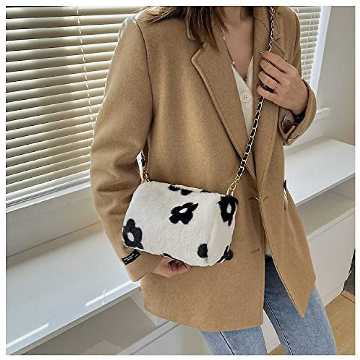 Fluffy Plush Crossbody Shoulder Bag with Chain, Y2K Flower Printed Underarm Bag Cute Furry Handbag Purse (White_A)