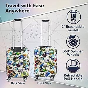 FUL Disney 100 22 Inch Carry On Rolling Luggage, 100 Years of Disney Stamps Hardshell Suitcase with Spinner Wheels, Multi