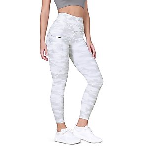 ODODOS Women's High Waisted 7/8 Yoga Leggings with Pockets, 25" Inseam Tummy Control Non See Through Workout Athletic Running Yoga Pants, White Camo, Medium