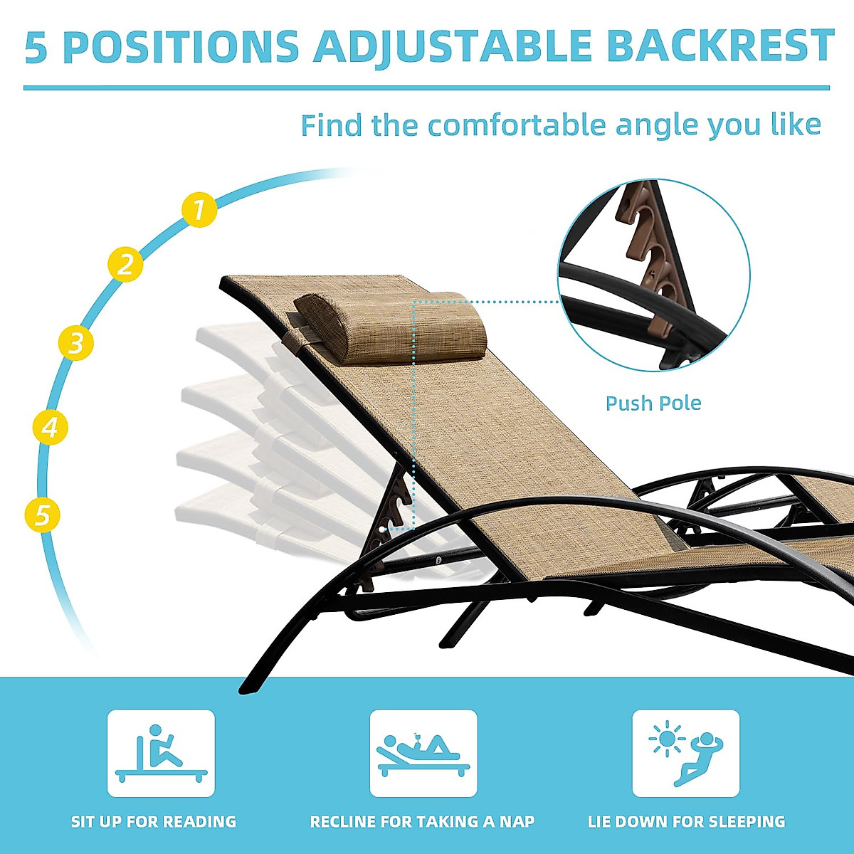 EROMMY All-Weather Textiline Recliner Chairs Set of 2 Outdoor Lounge Chairs with Adjustable Backrest (Arc Brown, Set of 2)